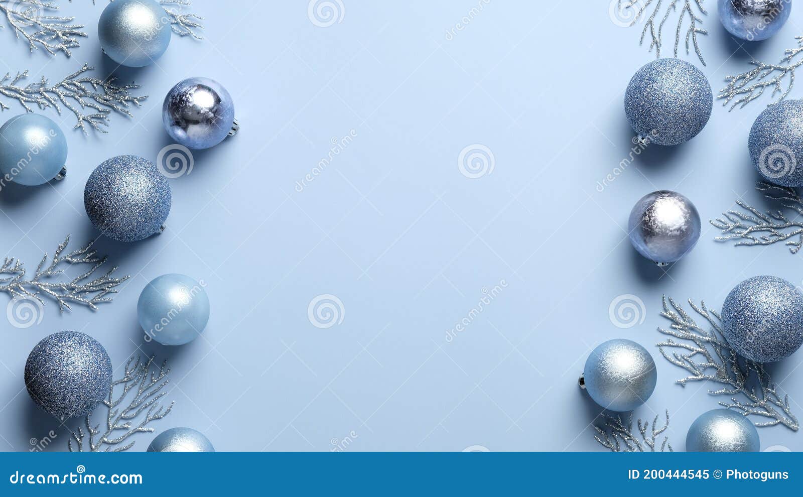 Blue Christmas Background with Blue Balls Decorations and Silver Pine ...