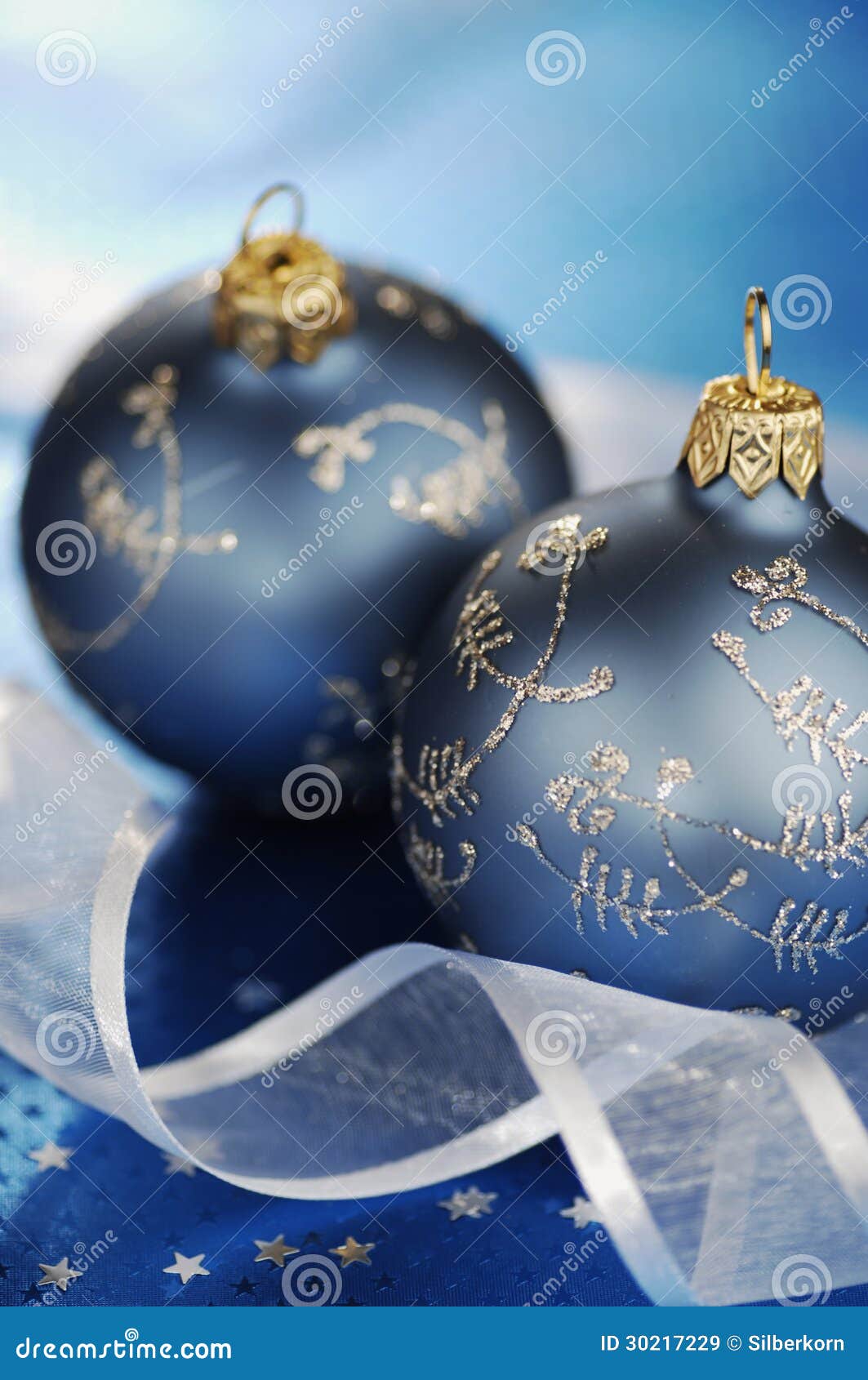 Blue Christmas Baubles and Ribbons Stock Image - Image of arrangement ...