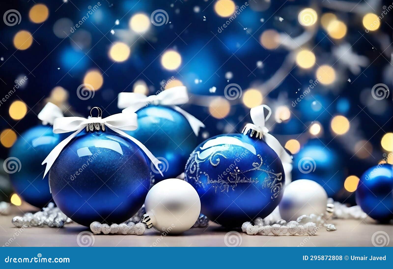 Blue Christmas Baubles with White Bows on Bokeh Background Stock ...