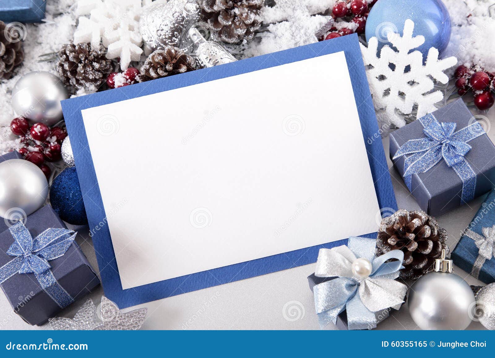 Blue Christmas Card Background with Decorations and Copy Space Stock ...