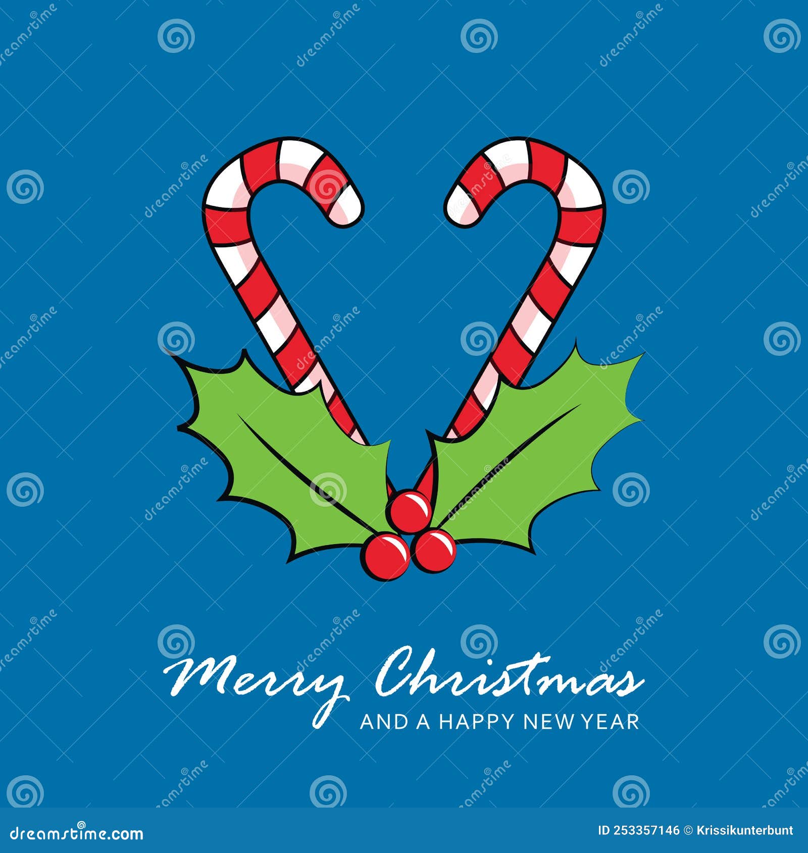 Blue Christmas Card With Candy Cane And Holly Berry Stock Vector
