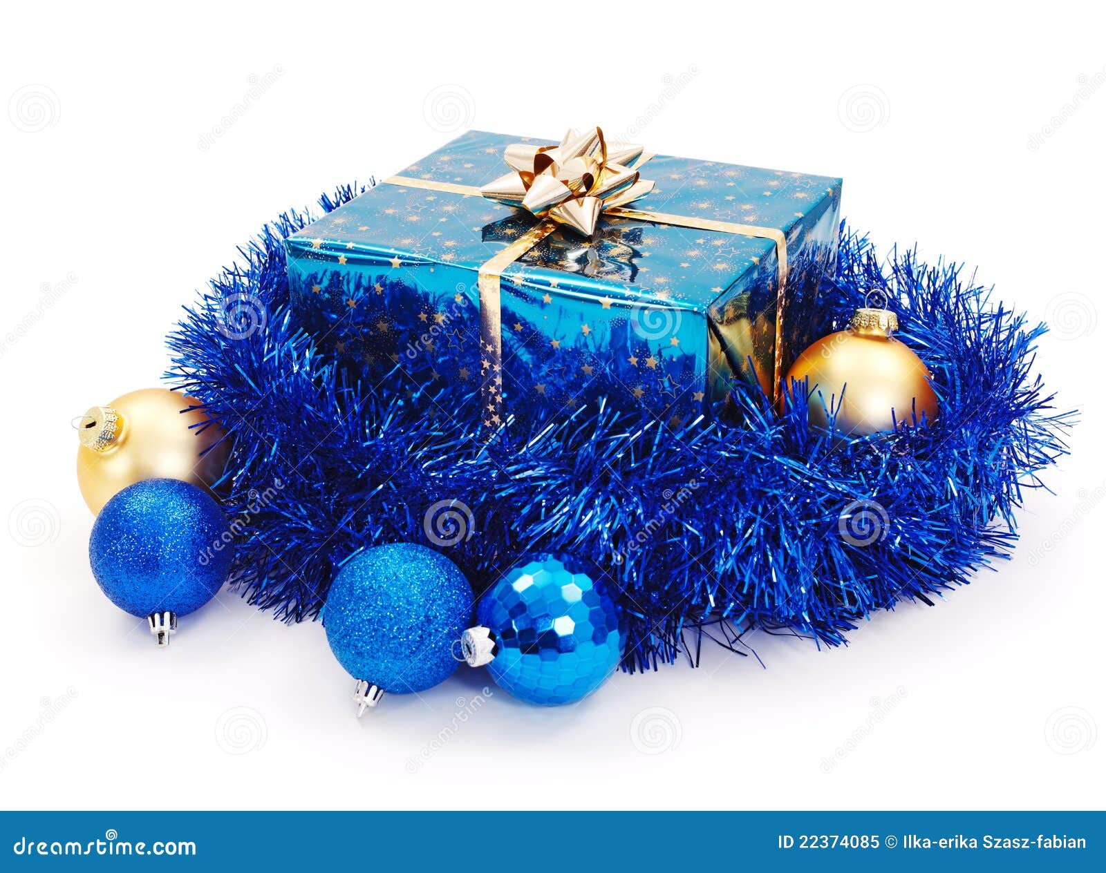 Blue Christmas Gift Surrounded with Blue Garland Stock Image - Image of ...