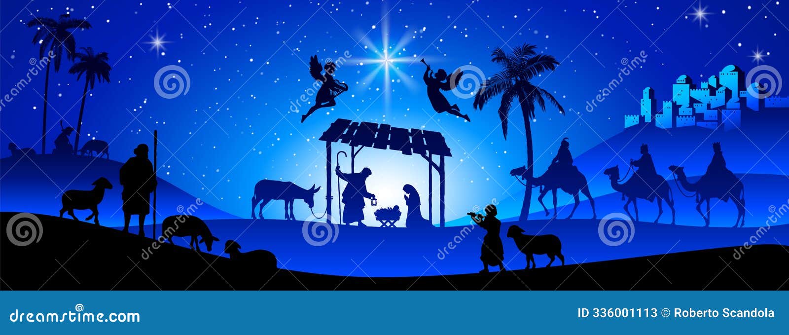 Blue Christmas Nativity Scene Banner Background. Stock Vector ...