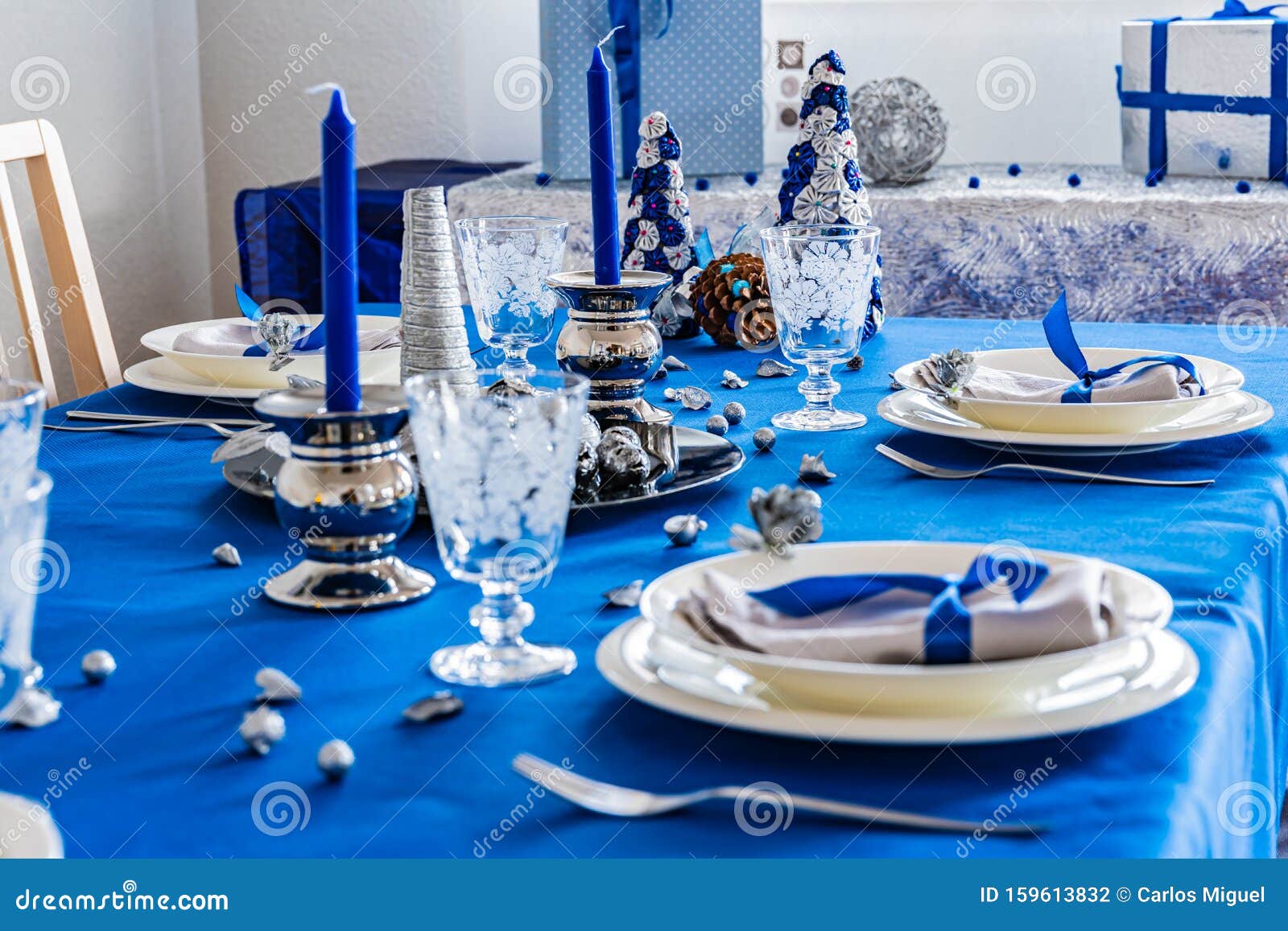 Blue Christmas Table Setting Stock Photo - Image of merry, food: 159613832