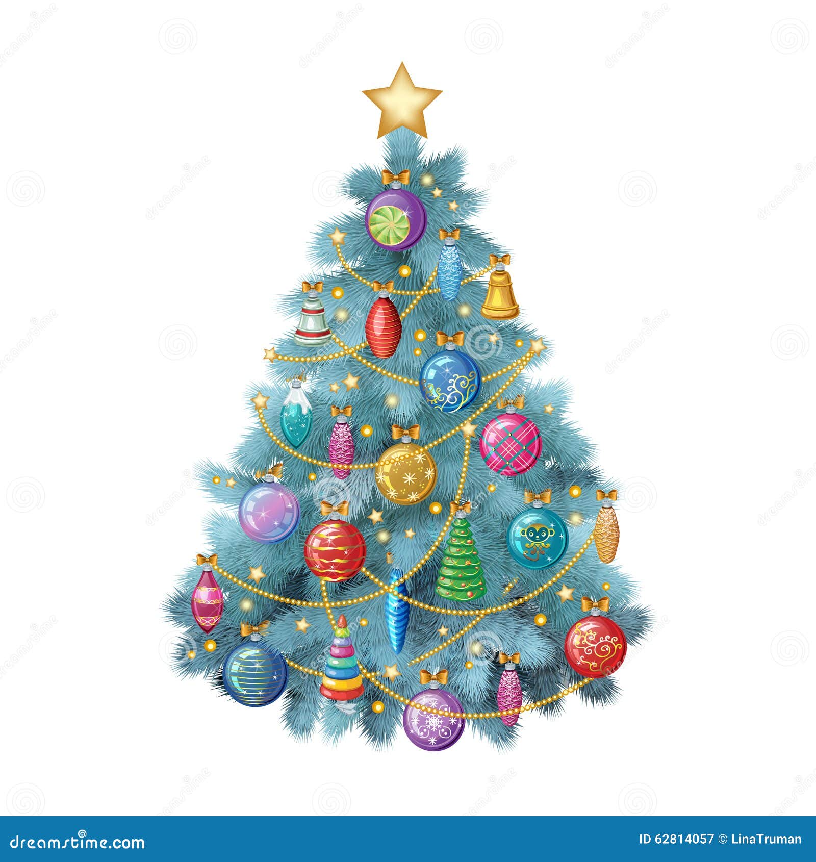 Blue Christmas Tree With Colorful Ornaments, Vector Illustration Stock ...