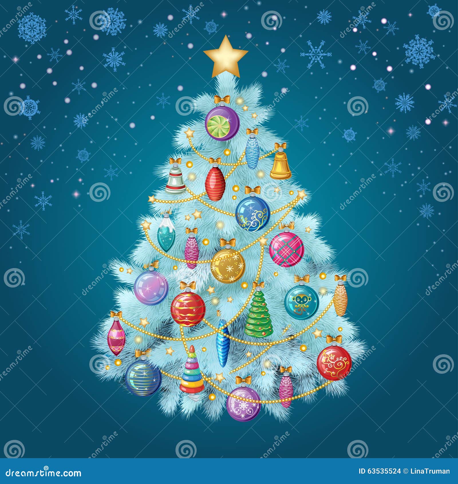 Blue Christmas Tree with Colorful Ornaments, Vector Illustration Stock ...