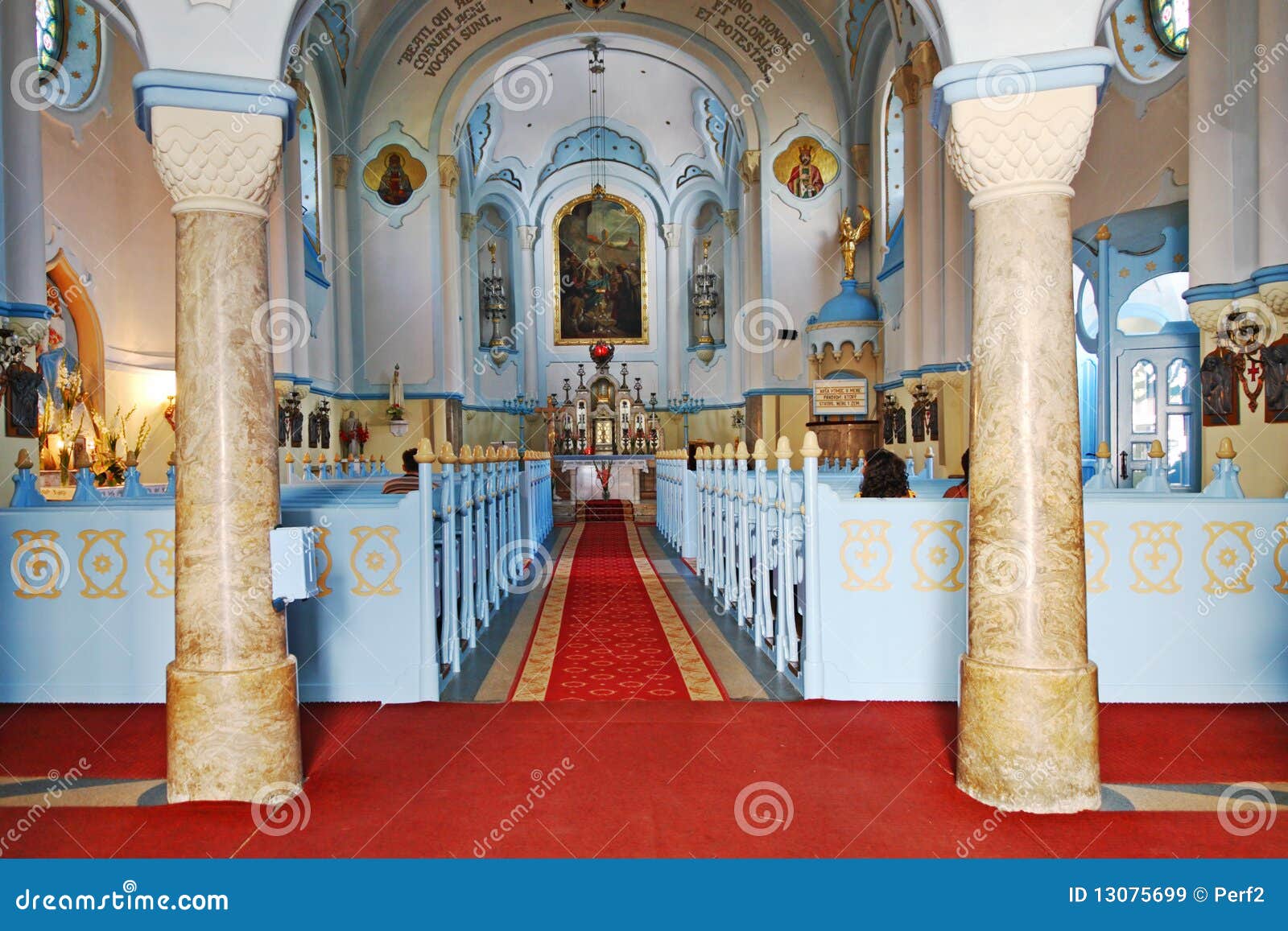 Blue church stock image. Image of bench, interior, altar - 13075699