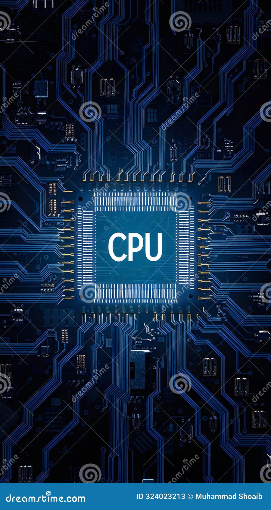 Blue Circuit Board with Illuminated CPU, Intricate Components, Dark ...