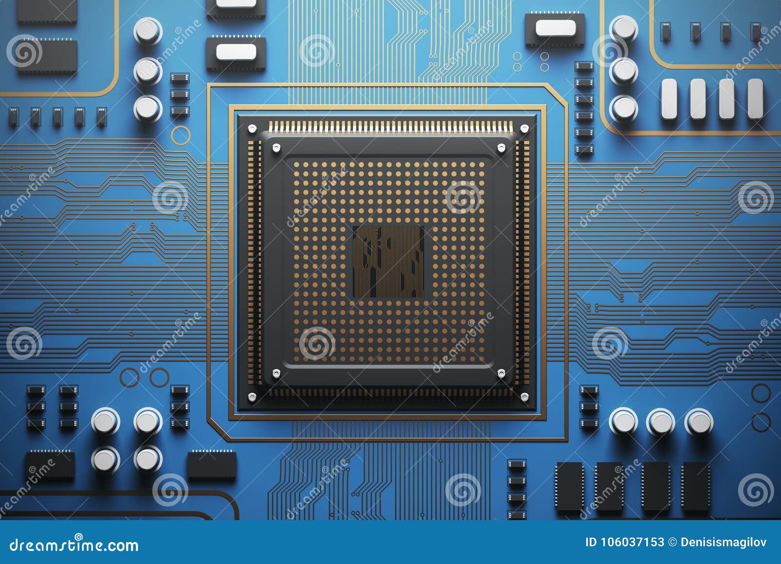 Blue Circuit Board with a Processor Top View Stock Illustration ...
