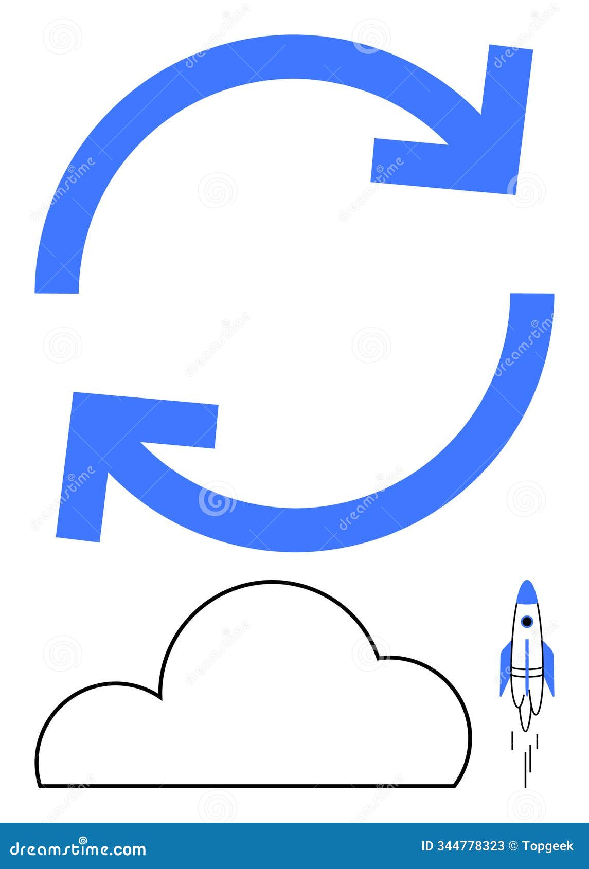 Blue Circular Arrows Above Cloud and Rocket Launching Representing Continuous Progress and ...