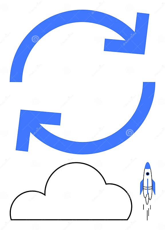 Blue Circular Arrows Above Cloud and Rocket Launching Representing Continuous Progress and ...