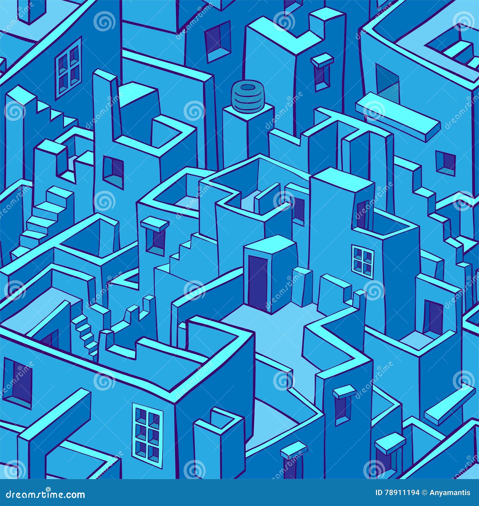 Blue city seamless pattern stock vector. Illustration of retro - 78911194