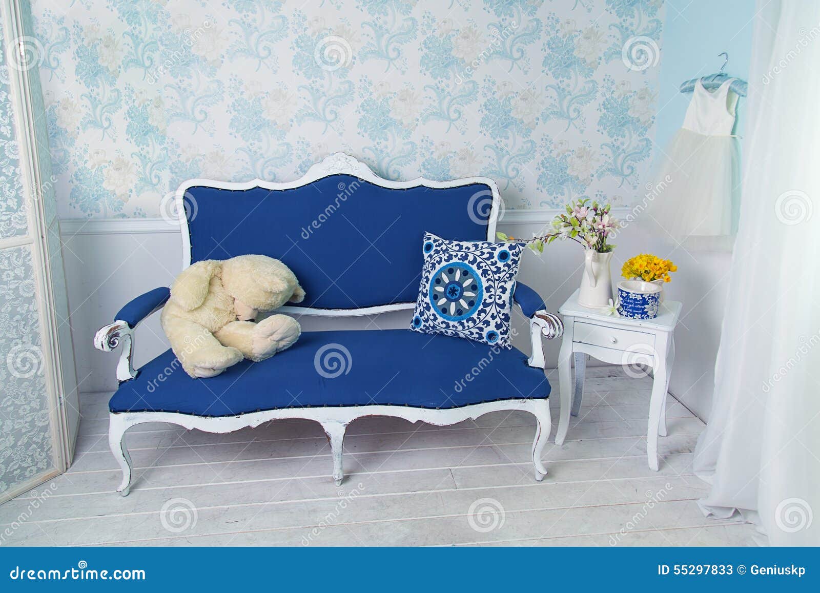 Blue Classical Style Sofa Couch with White Teddy Bear Stock Image ...
