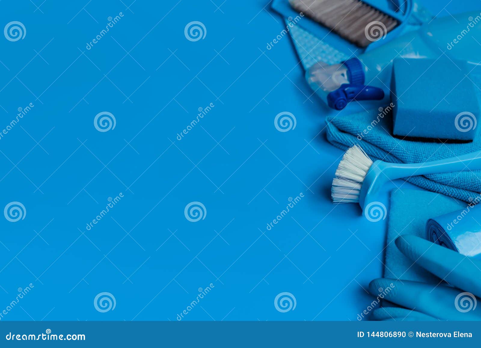 Blue Cleaning Kit for Housekeeping. Top View Stock Photo - Image of ...