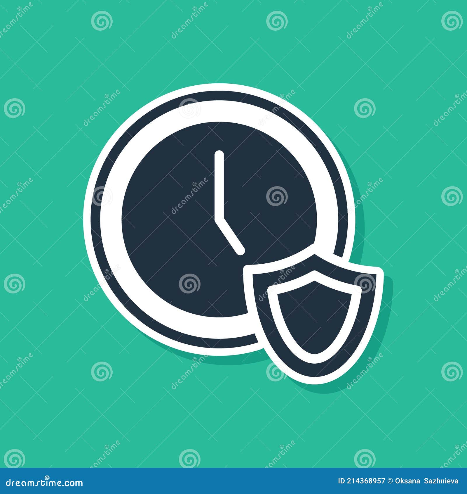 Blue Clock with Shield Icon Isolated on Green Background. Security ...