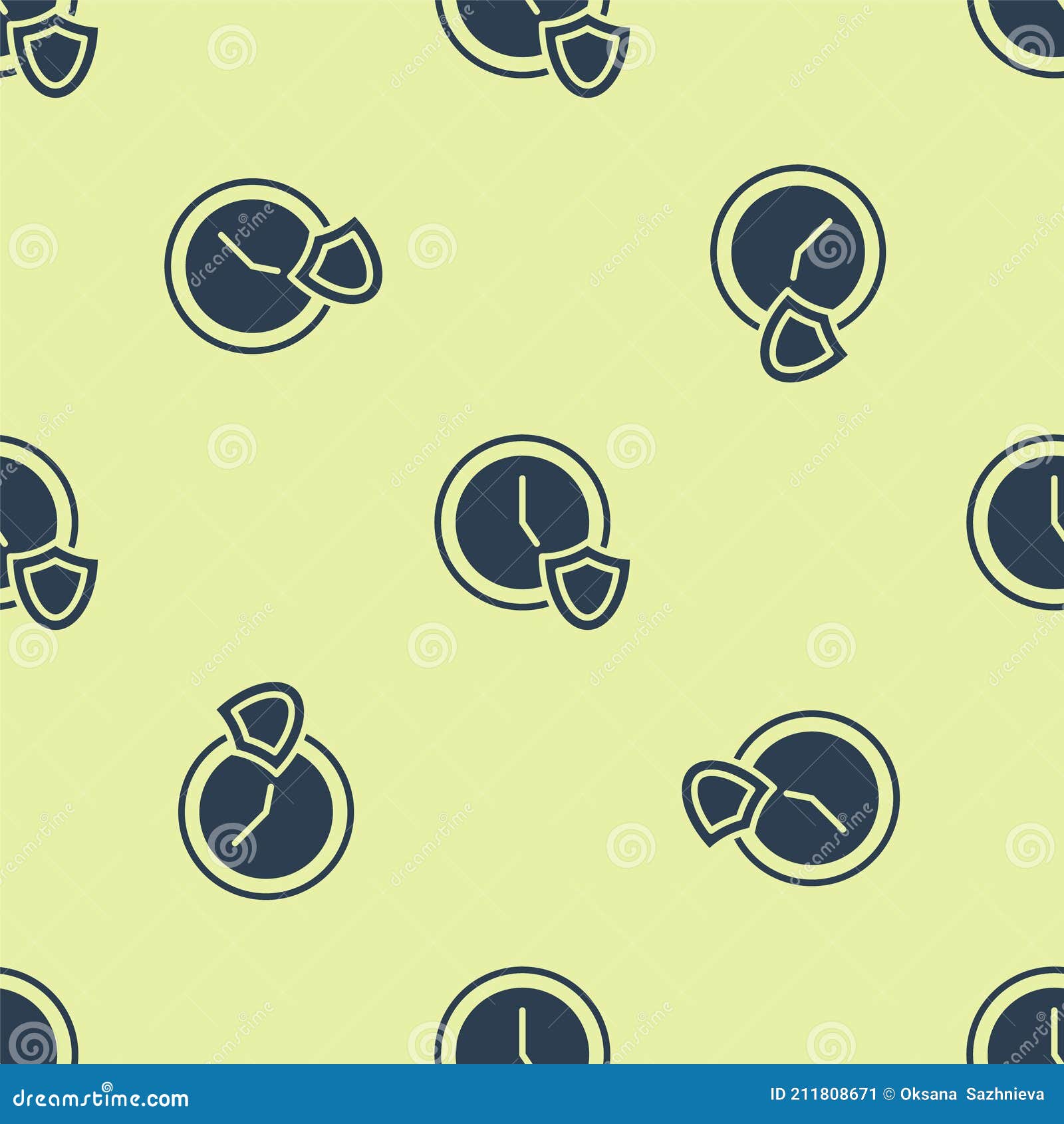 Blue Clock with Shield Icon Isolated Seamless Pattern on Yellow ...
