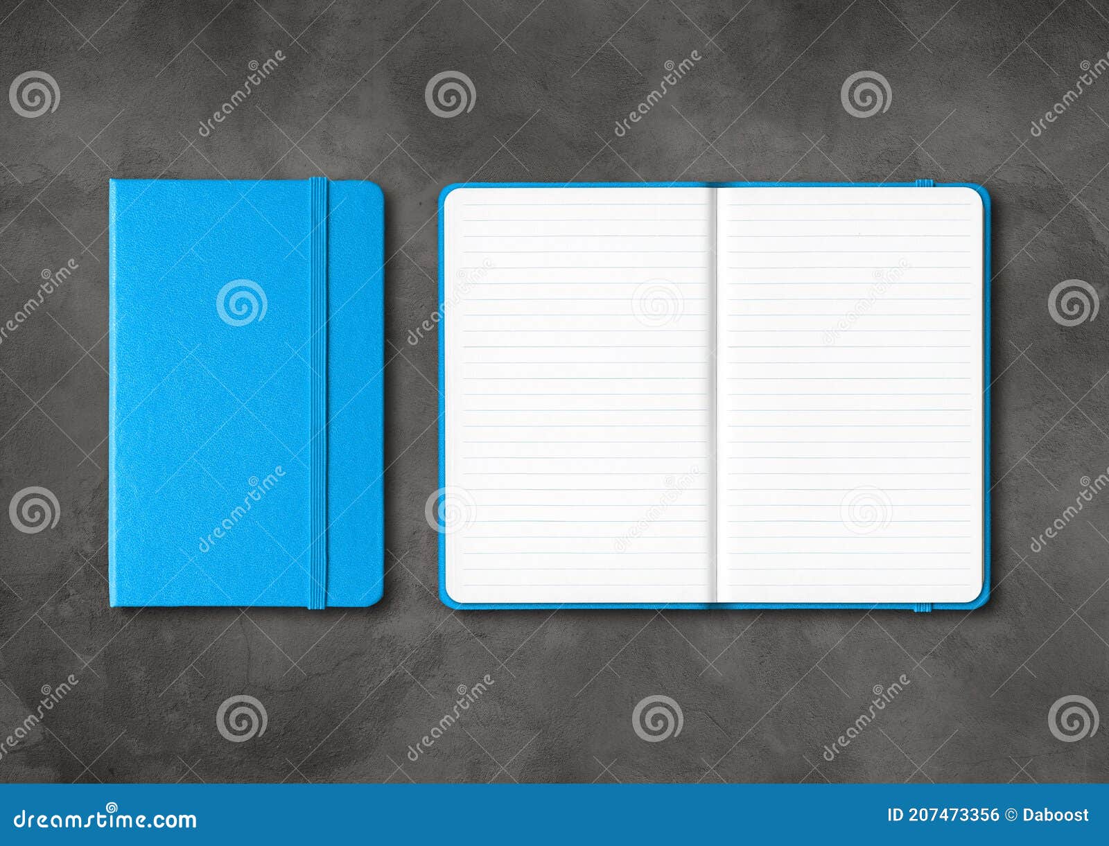 Blue Closed and Open Lined Notebooks on Dark Concrete Background Stock ...