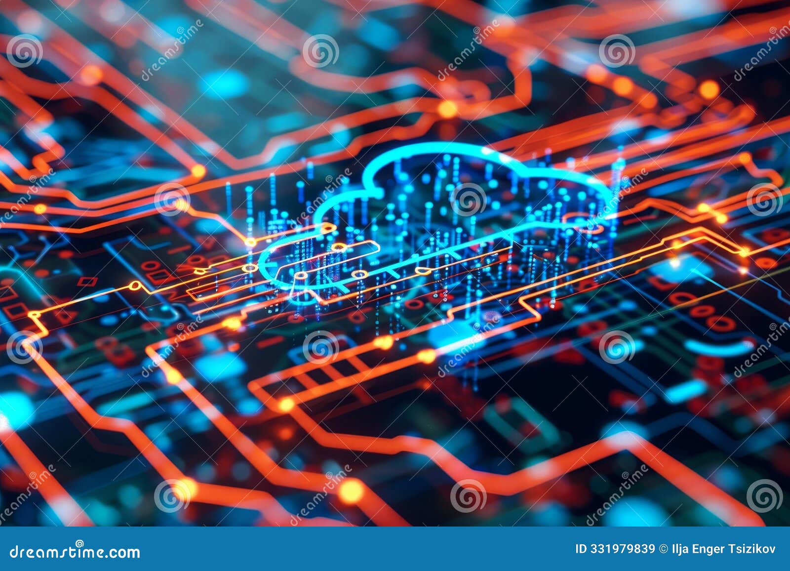 Blue Cloud Computing Symbol Over Glowing Orange Circuit Board, Digital ...