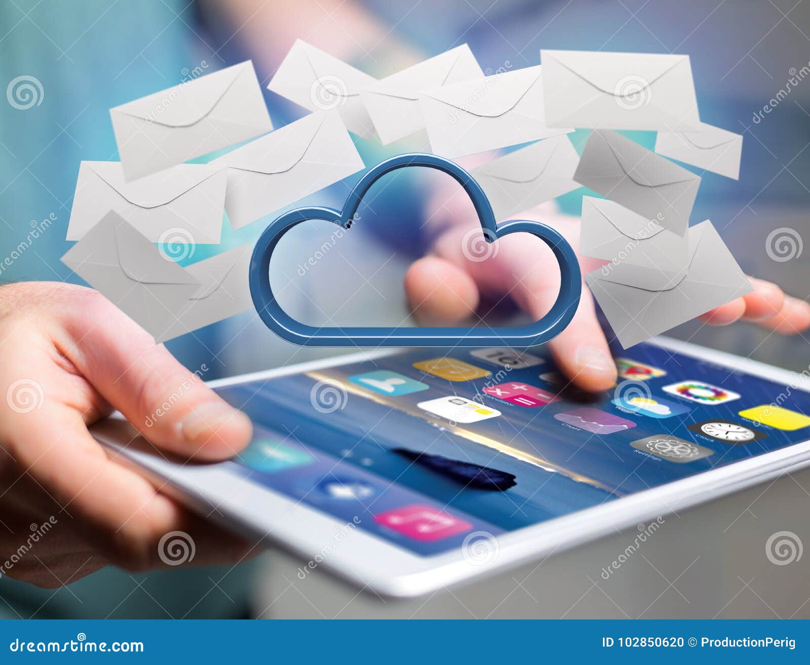 Blue Cloud Surrounded by Realistic Envelope Email Displayed on a Stock ...