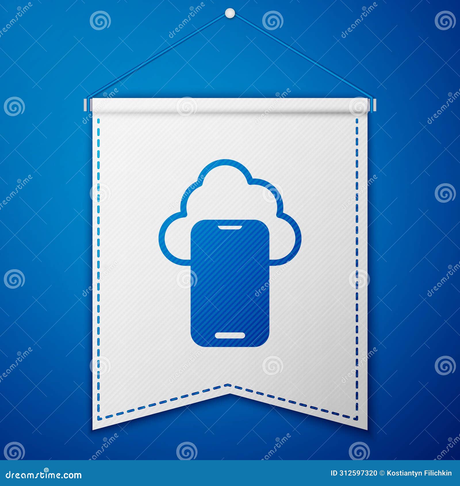 Blue Cloud Technology Data Transfer and Storage Icon Isolated on Blue Background. White Pennant ...