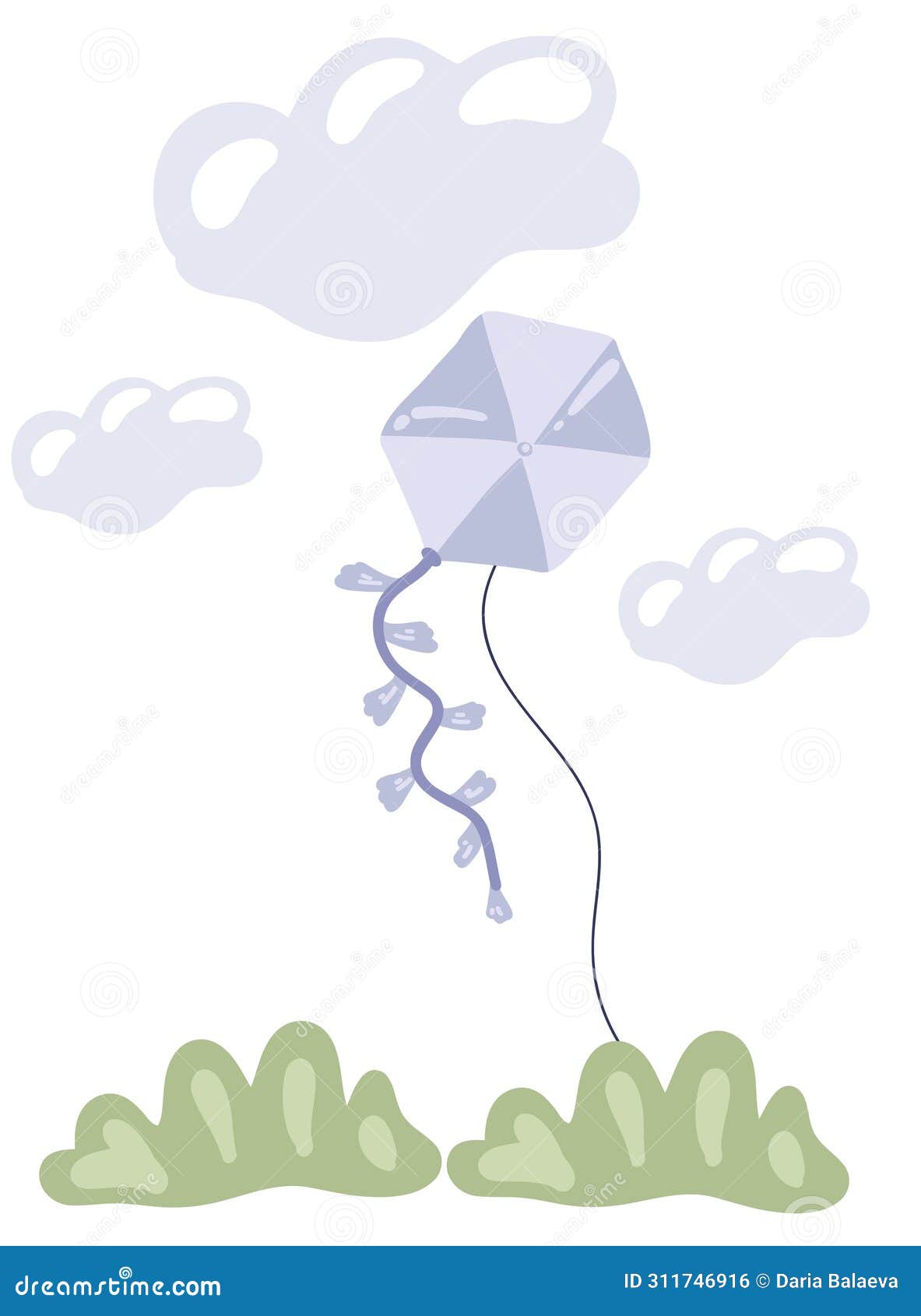 Blue Clouds and Kite Flat Design Set with Grass Stock Vector ...