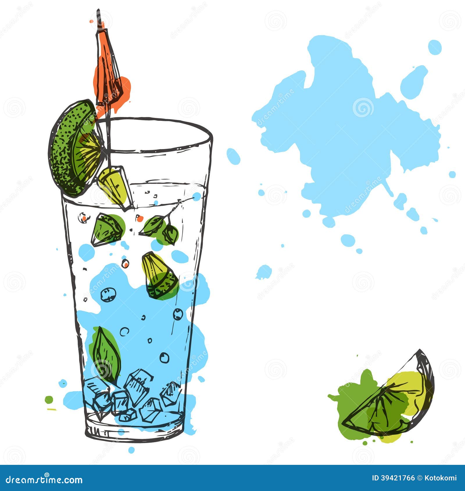Blue Cocktail with Lime and Mint. Vector Hand Drawn Illustration Stock ...
