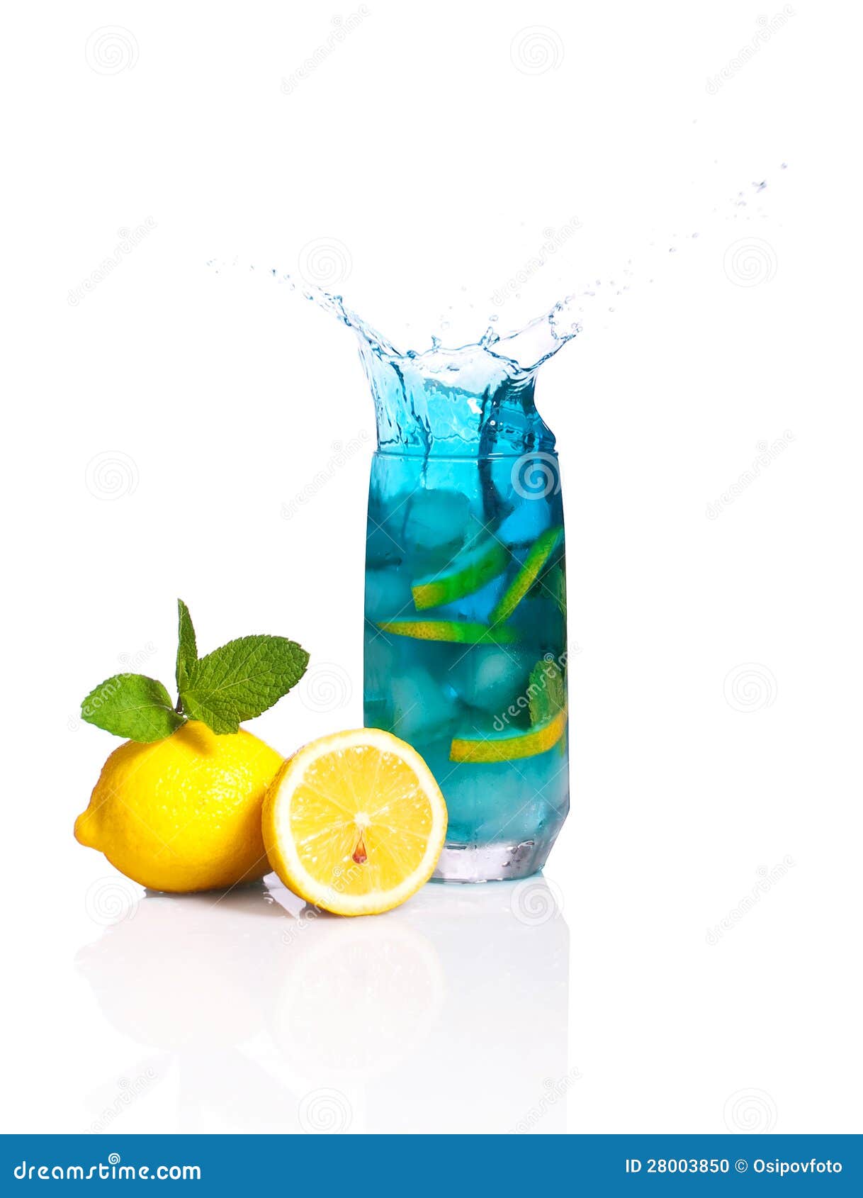 Blue Cocktail with Splash, and Lemon, Ice, Mint on the Insulated Stock ...