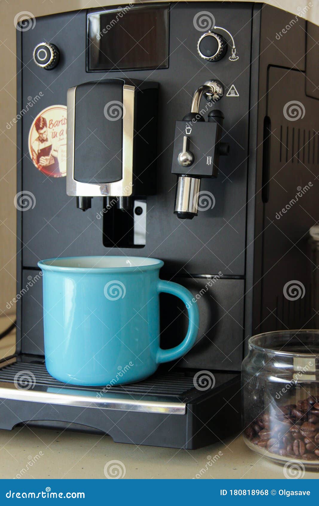 Blue Coffee Mug and Coffee Machine Standing in the Kitchen ...