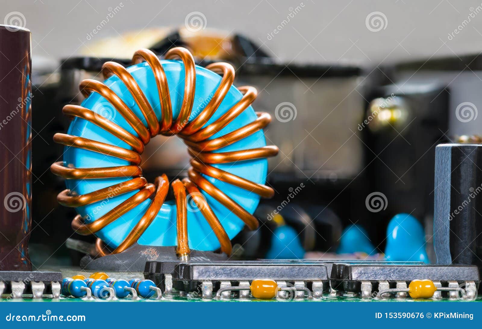 Blue Coil Core with Copper Wire Winding and Integrated Circuits Stock ...