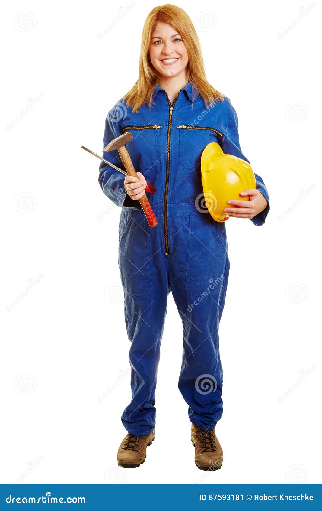 Blue Collar Worker Holding Her Helmet and Tools Stock Image - Image of ...