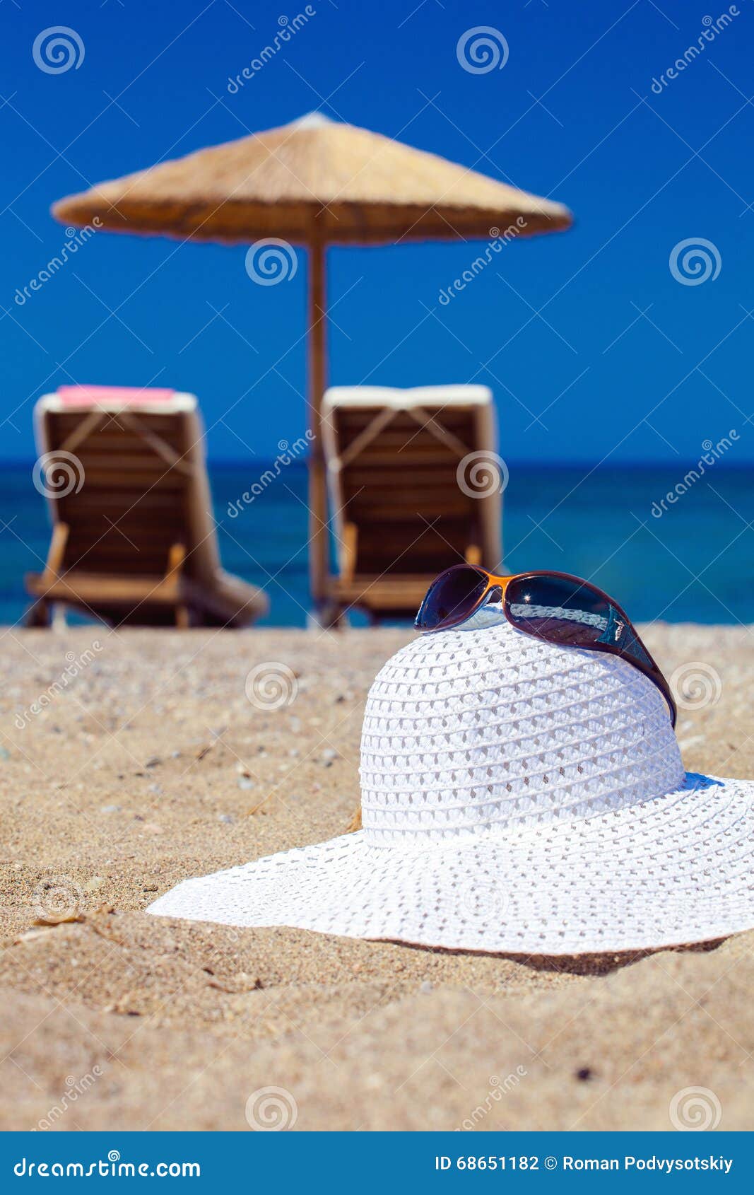 Blue Color of Sea and Hat on Sand Stock Photo - Image of shore ...