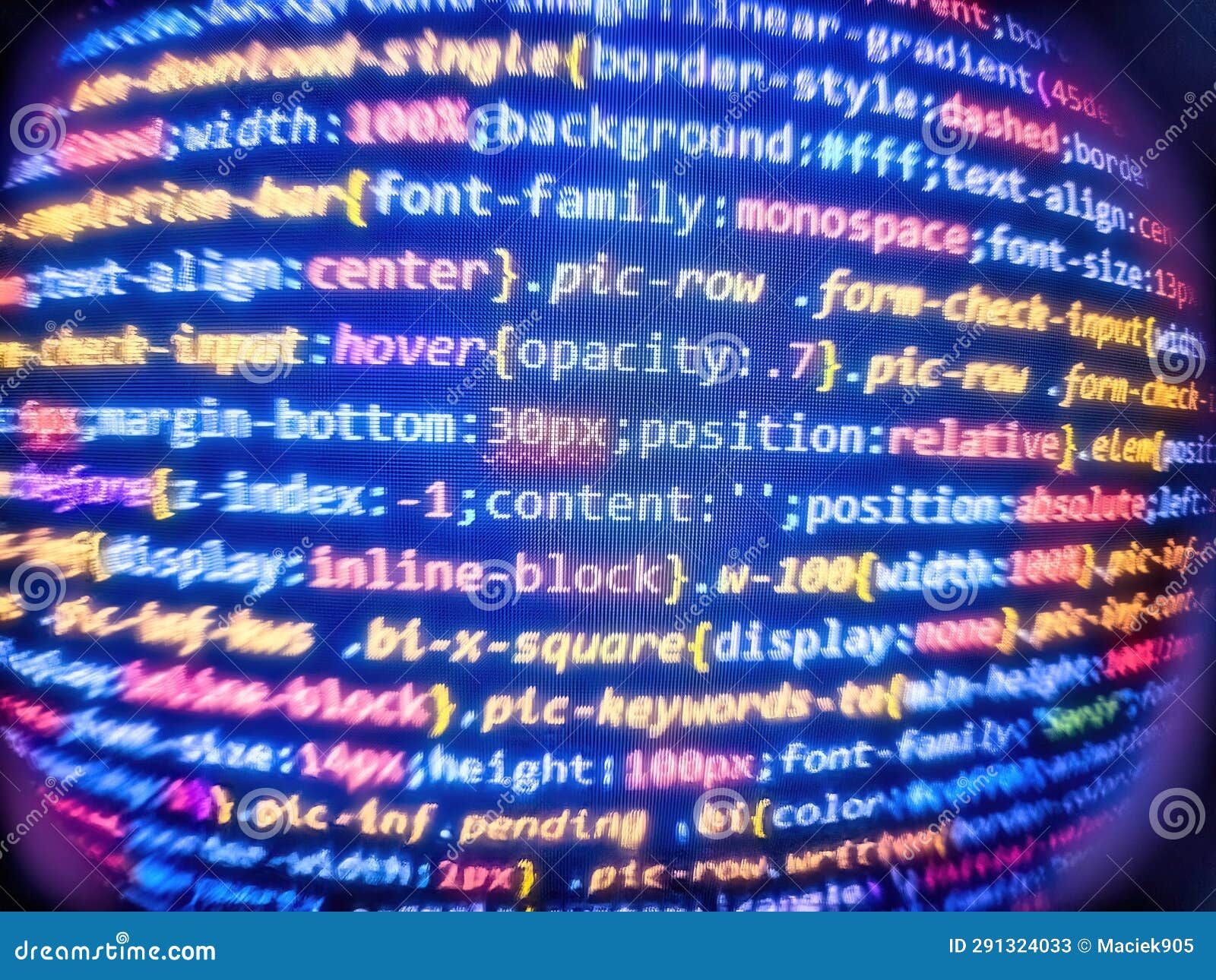 Blue Color. Trendy Design. Minificated Web Development Javascript Code Close Up in Sunset Rays ...