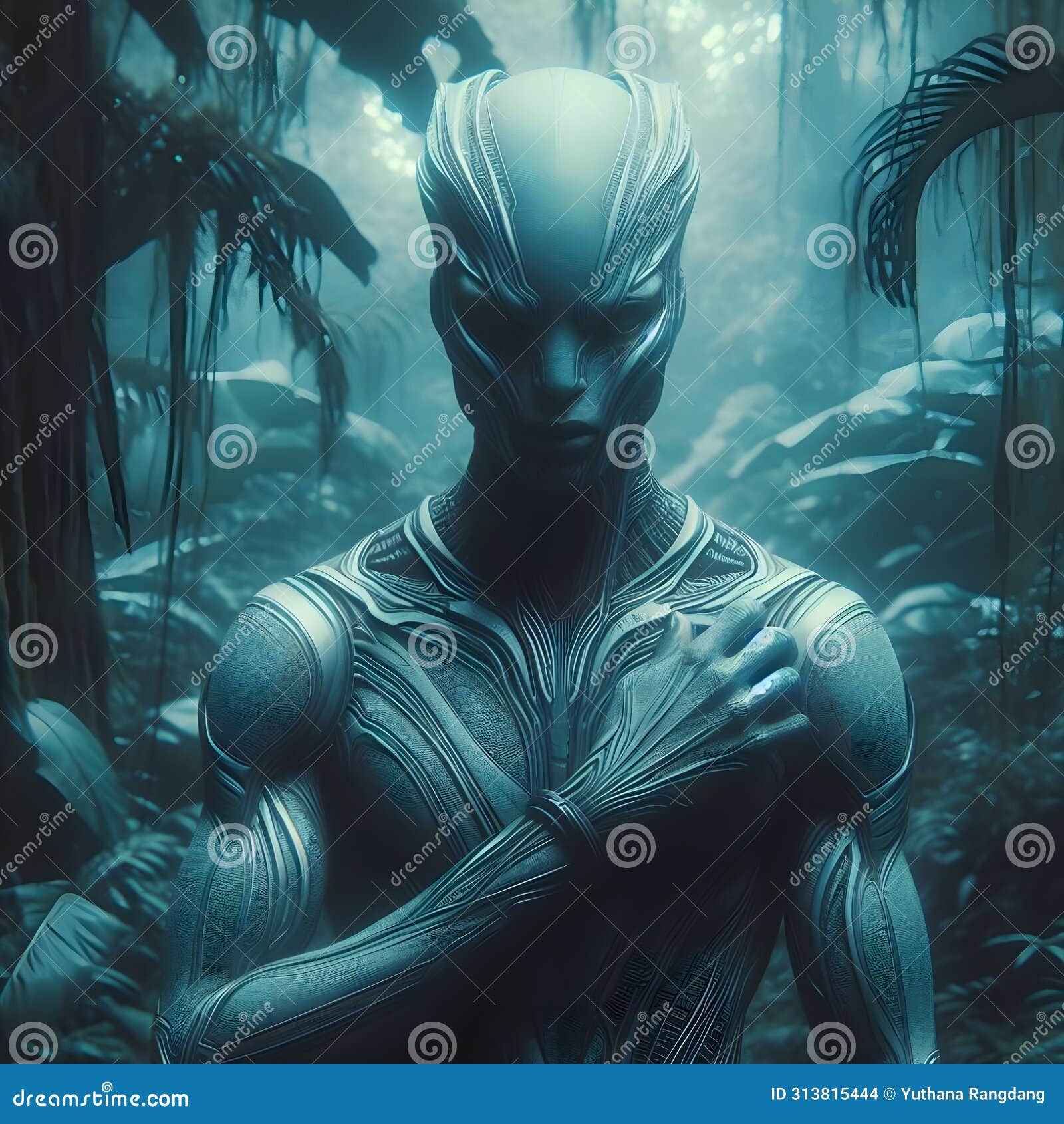 Blue Colored Alien Creatures with Soft Neon Lights in the Forest. Stock ...