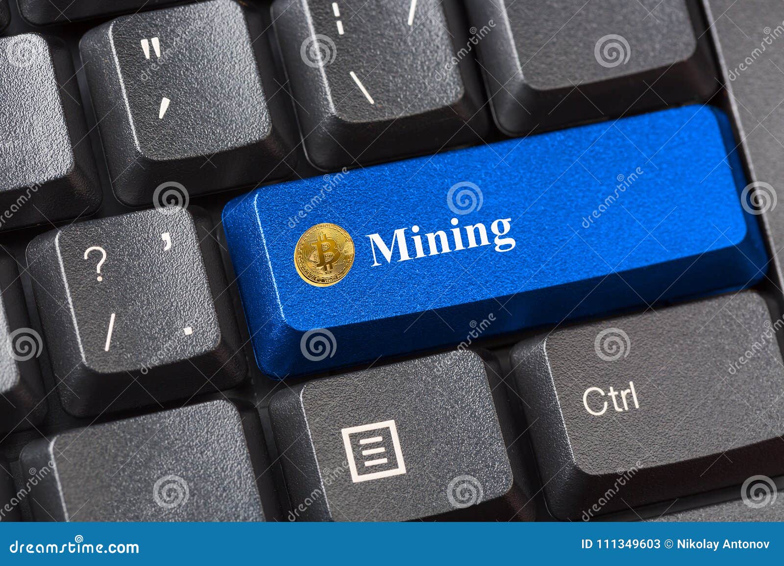 Blue Colored Bitcoin Mining Button on Black Computer Keyboard. Crypto ...