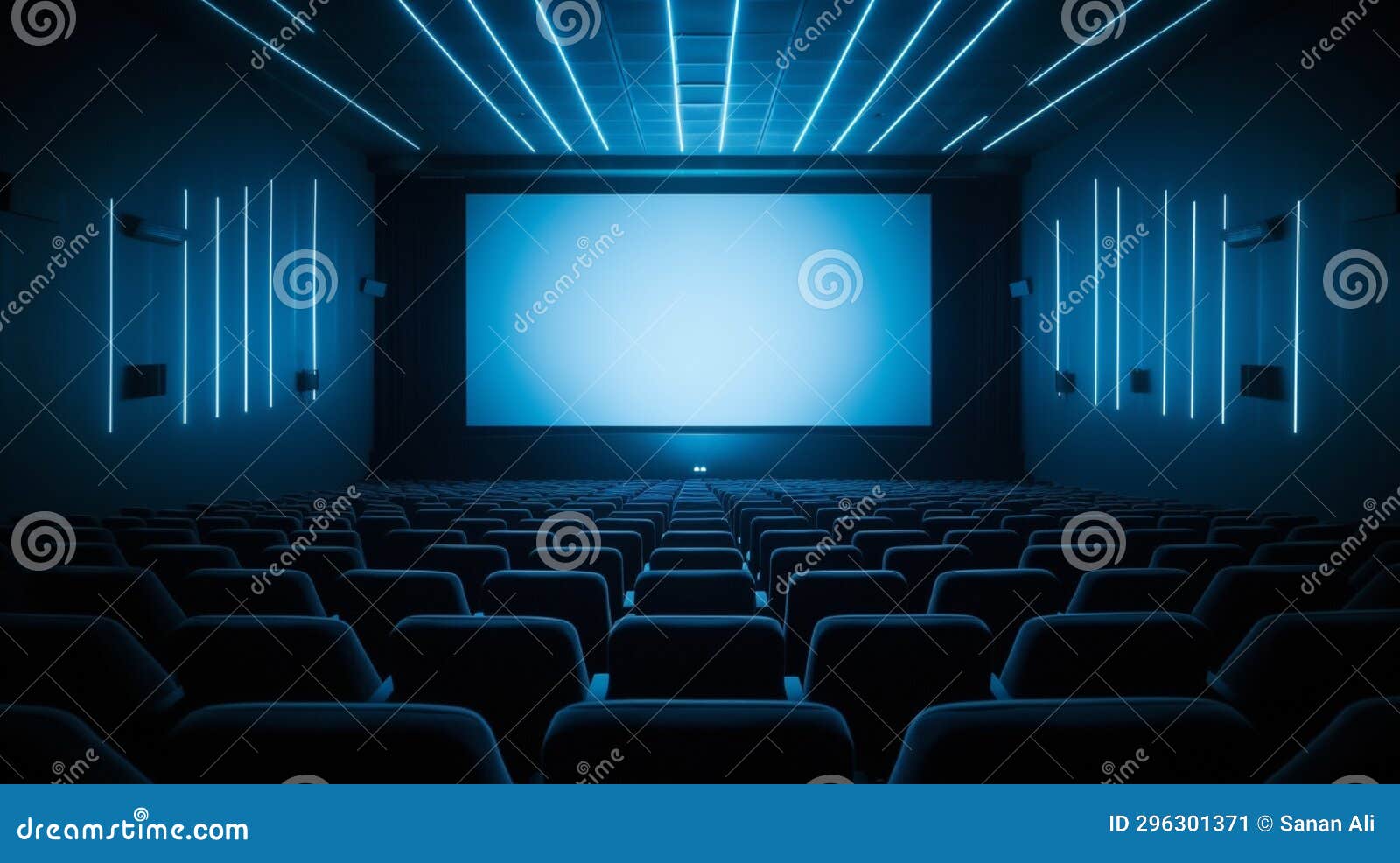 Blue-colored, Empty Theater with a Blank White Screen. Mockup of an ...