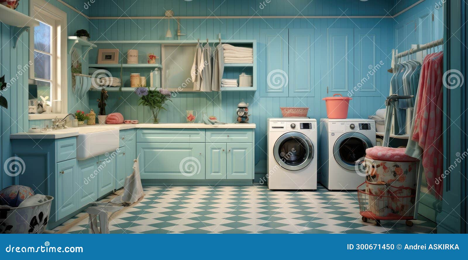 Blue Colored Laundry Room. Interior Concept Stock Illustration ...