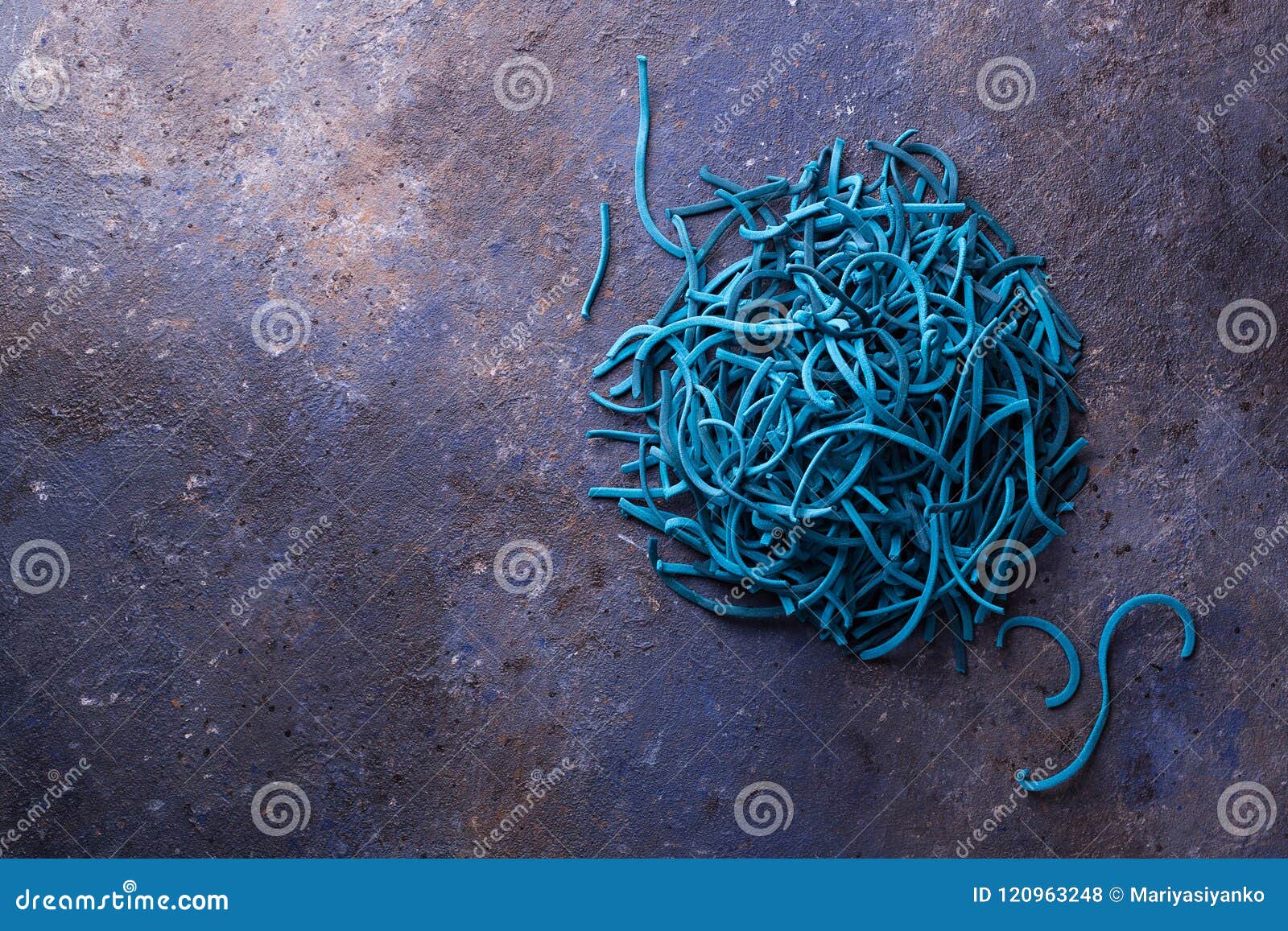 Blue Colored Pasta on Dark Background Right. Flat Lay. Copy Space. Top ...