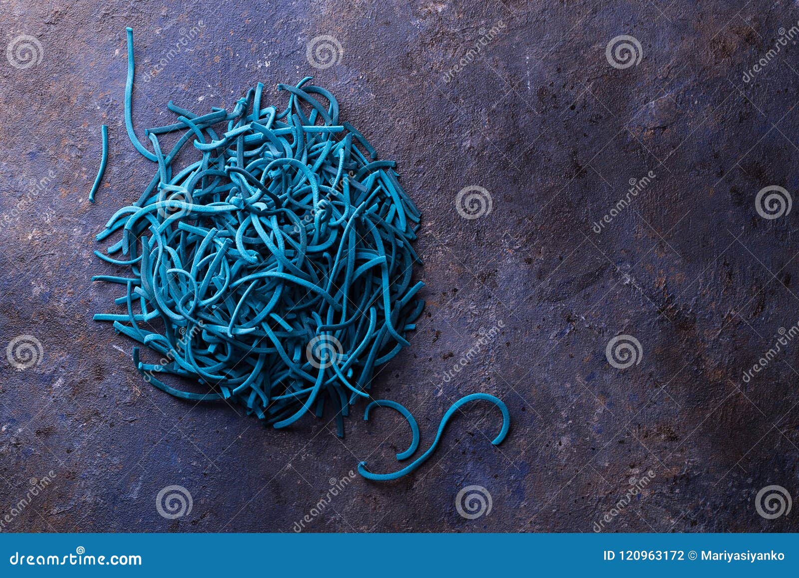 Blue Colored Pasta on Dark Background Left. Flat Lay. Copy Space. Top ...