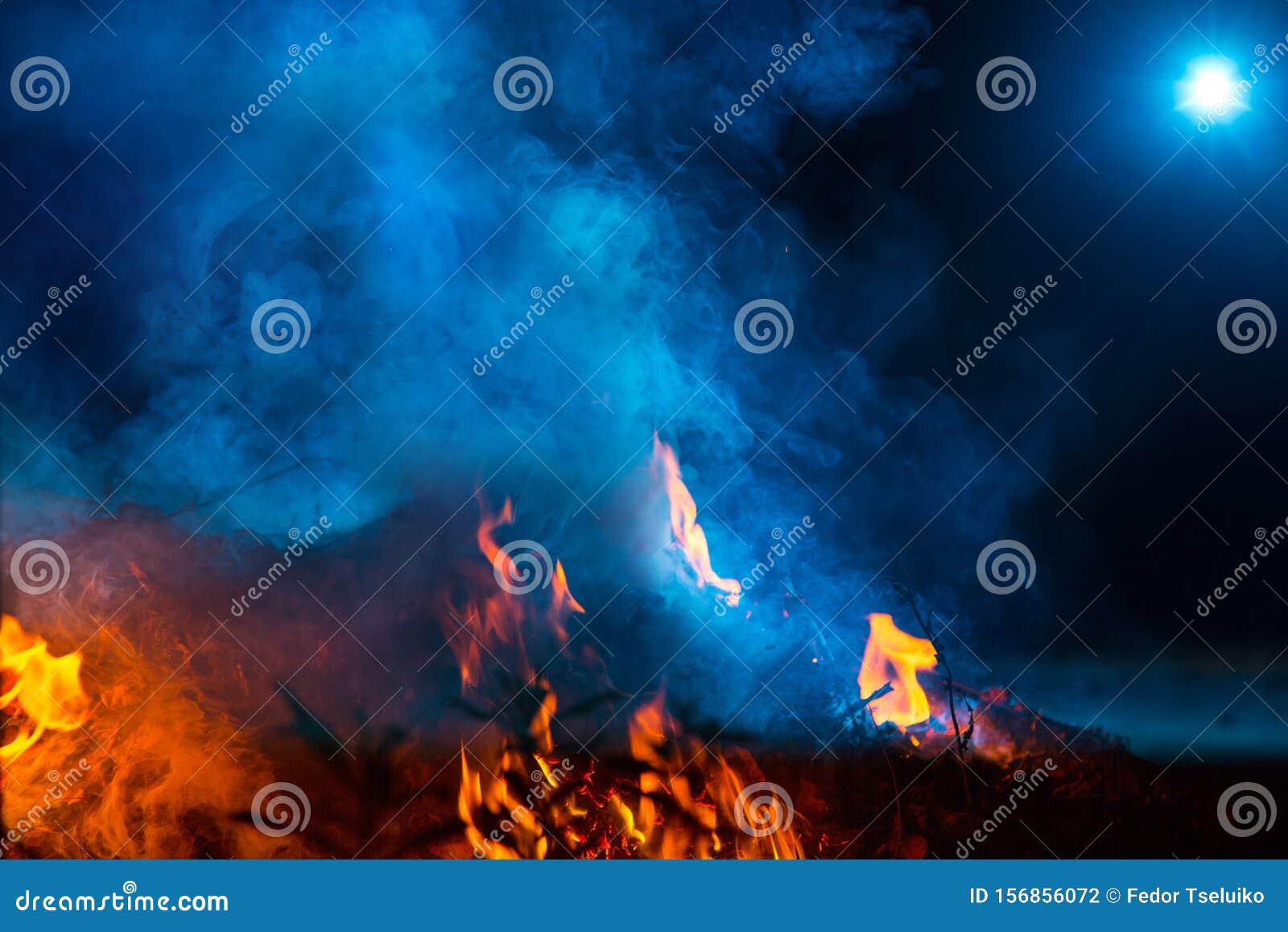 Blue Colored Smoke Wuth Fireflames Stock Photo - Image of bonfire ...