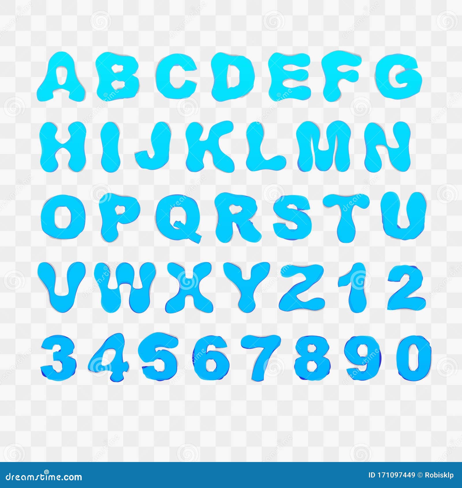 Blue Upper Case Distorted Alphabet Letters and Numbers Collection Stock ...