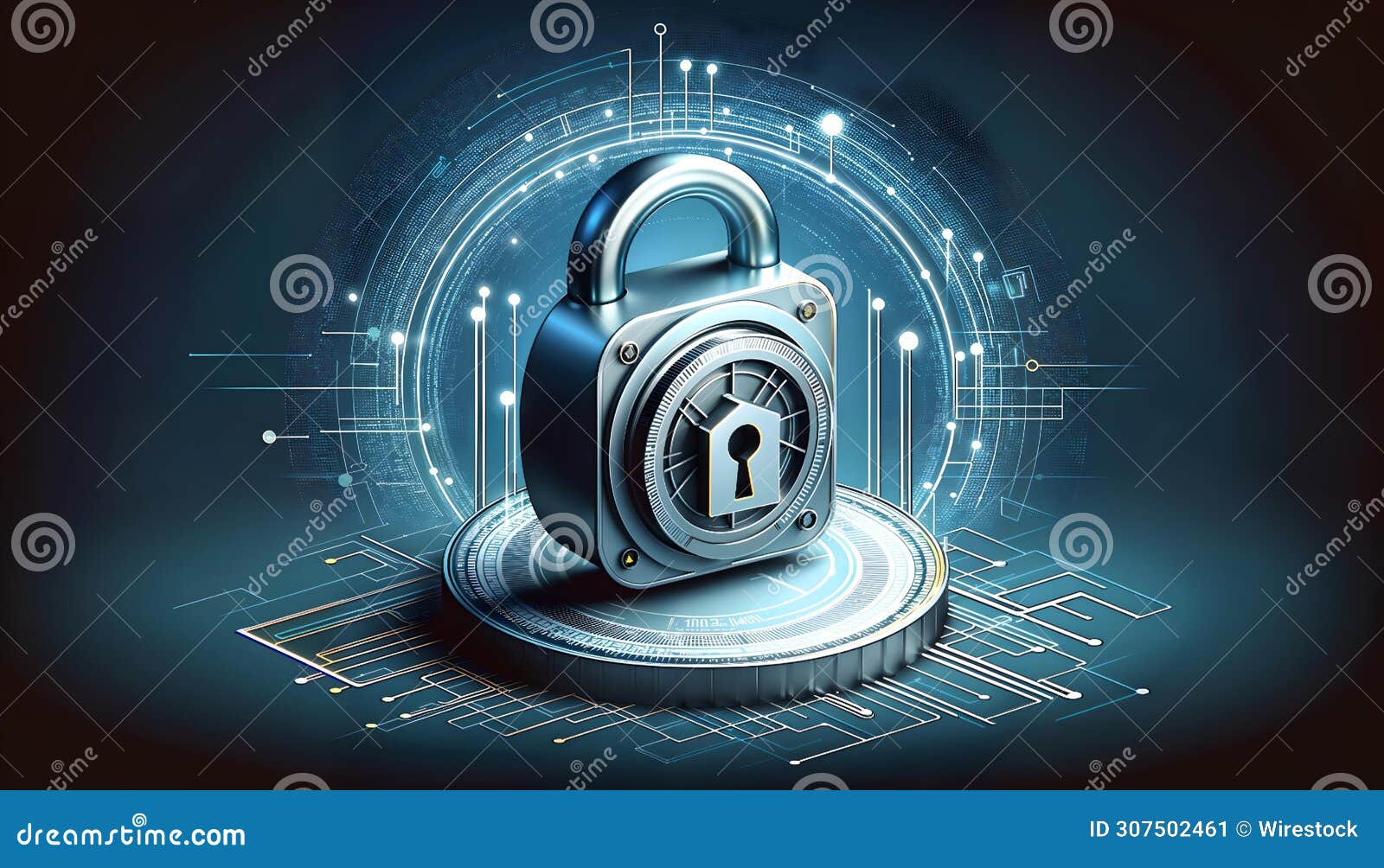 A Blue Combination Lock with a Circuit Background and Symbols on Top ...
