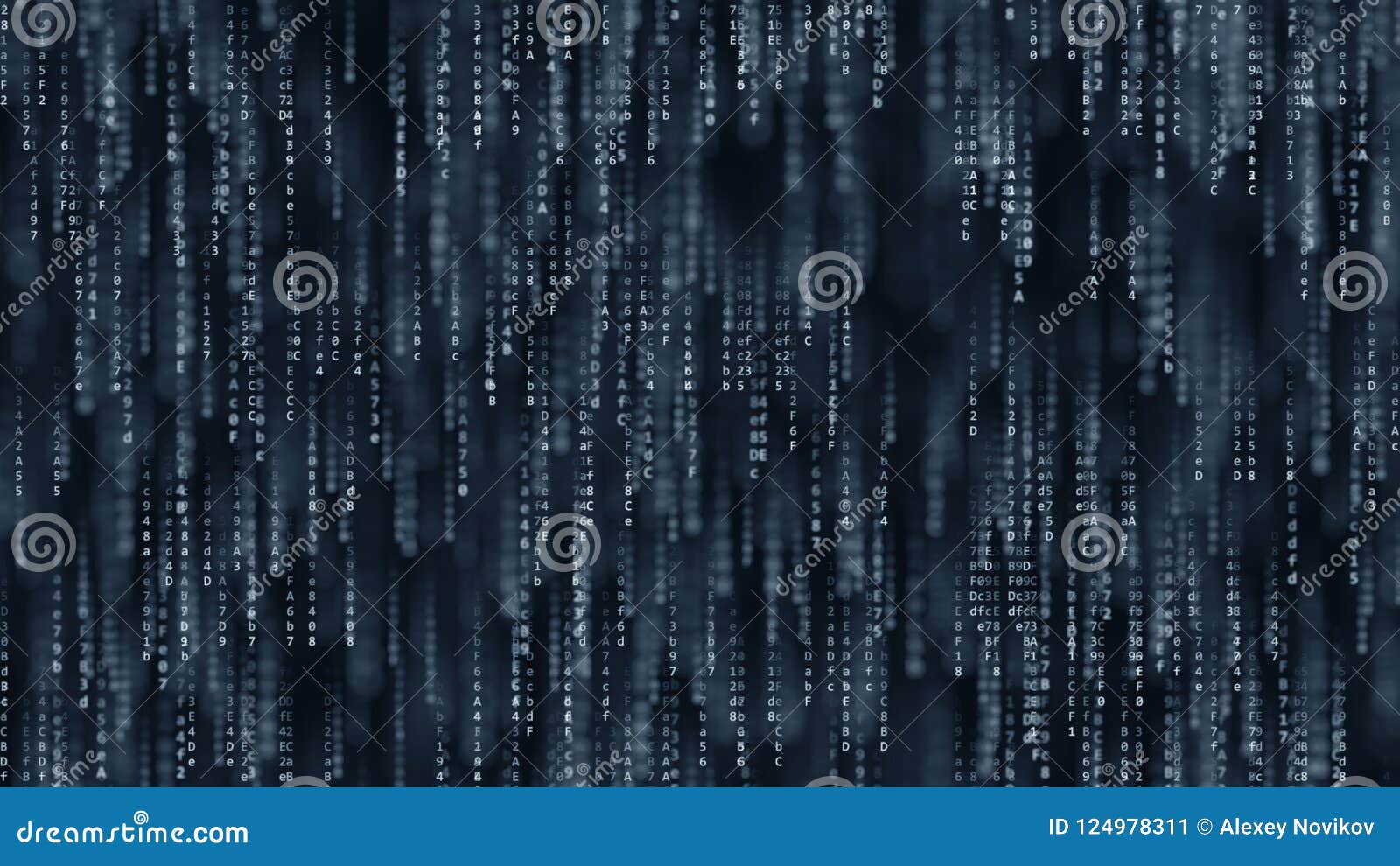 Blue Computer Symbols Fall Across the Screen. 3D Rendering Stock ...