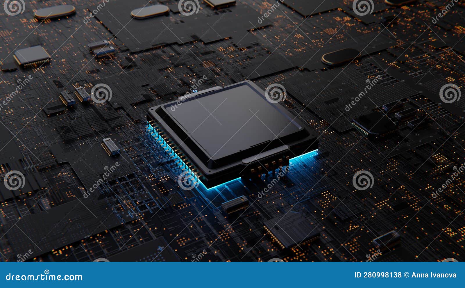 Blue Computer Electronic Chip with Blue Glow, Multiple Filter Effect ...