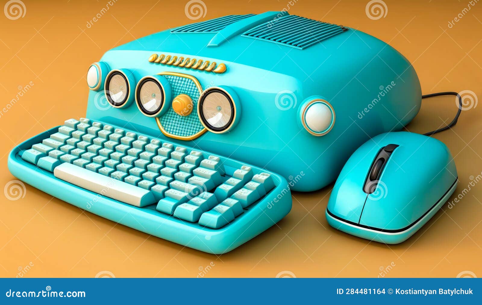 Blue Computer with Keyboard and Mouse on Brown Surface with Yellow ...