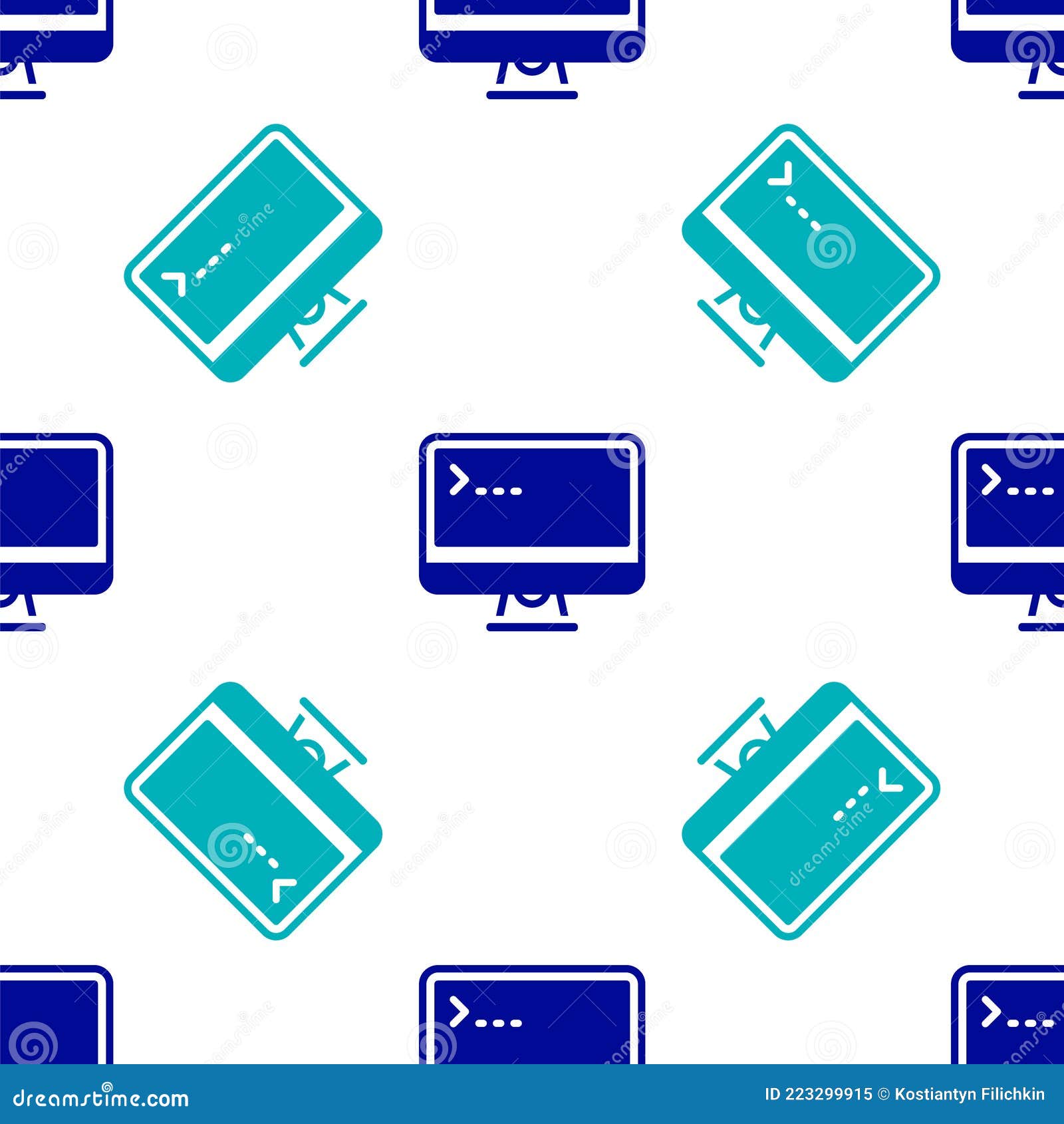 Blue Computer Monitor Screen Icon Isolated Seamless Pattern on White ...