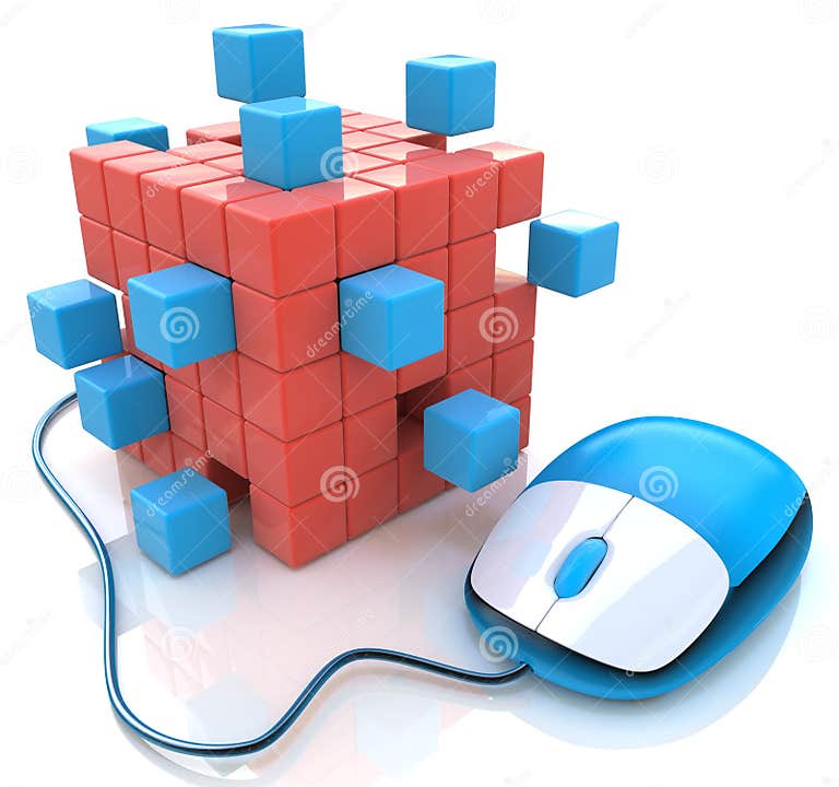 Blue Computer Mouse Connect To Cubes Structure Stock Illustration ...