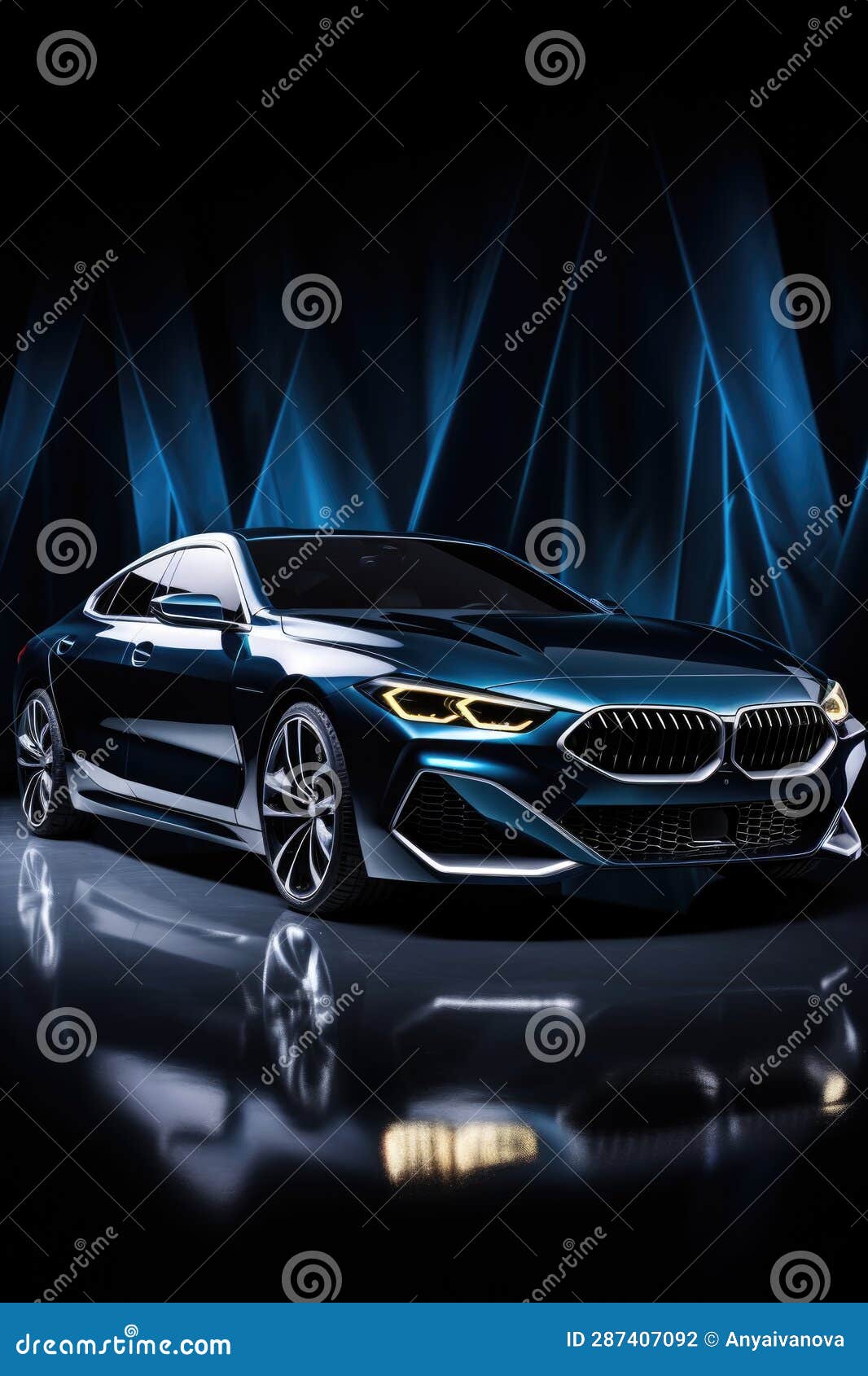 A Blue Concept Car on a Reflective Surface. Stock Illustration ...