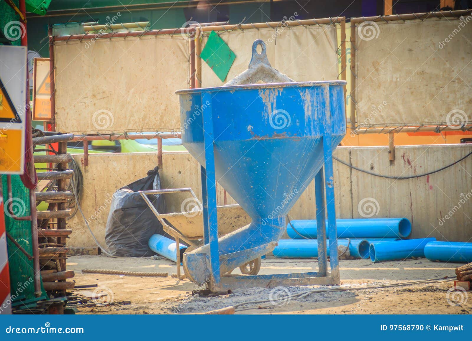 Blue Concrete Bucket, Mixed Cement Container at the Construction Stock ...