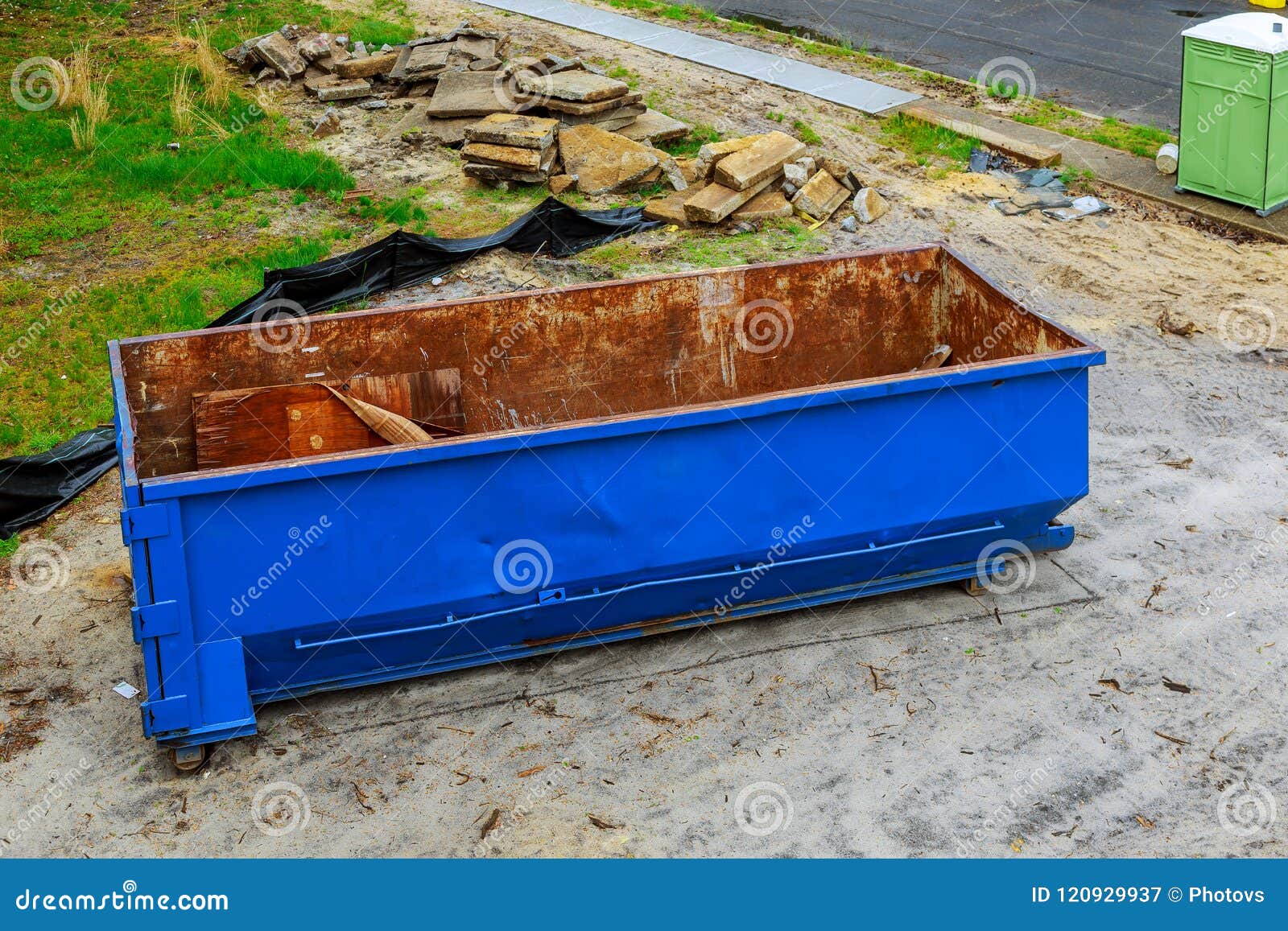 Blue Construction Debris Container Filled with Garbage Bin Stock Image ...