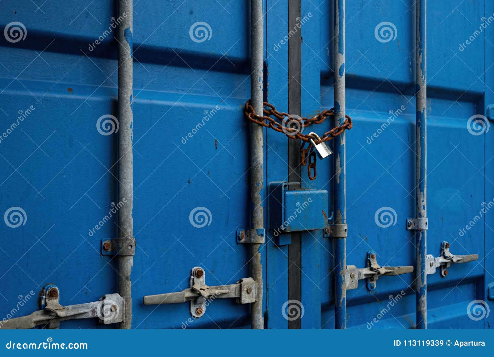 Blue Container Door with Rusty Chain and Locked Padlock Stock Image ...